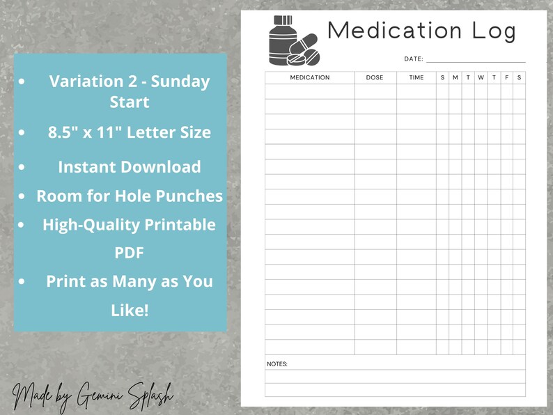 Medication Log Printable | Medication Tracker PDF | Medication Template ...