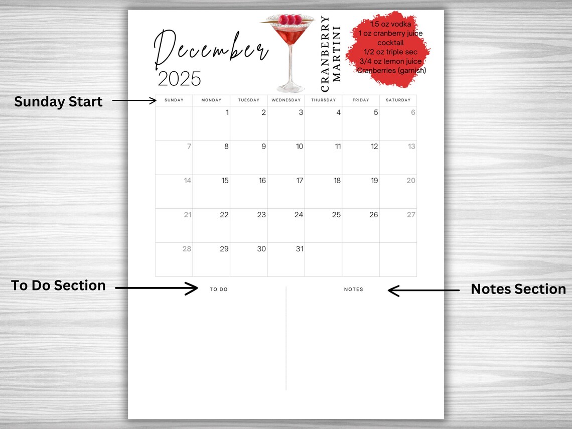 2025 Cocktail Calendar: Monthly Drink Planner (printable PDF) - Etsy