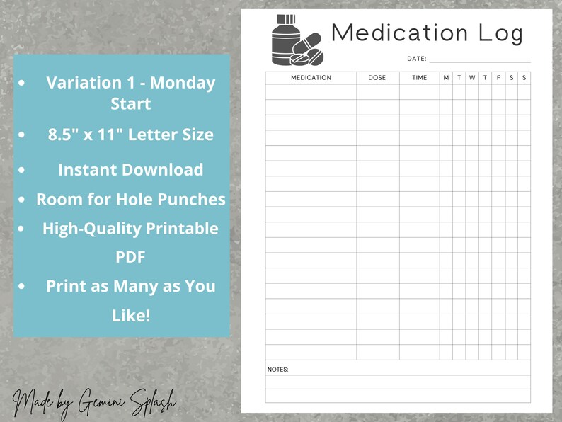 Medication Log Printable | Medication Tracker PDF | Medication Template ...