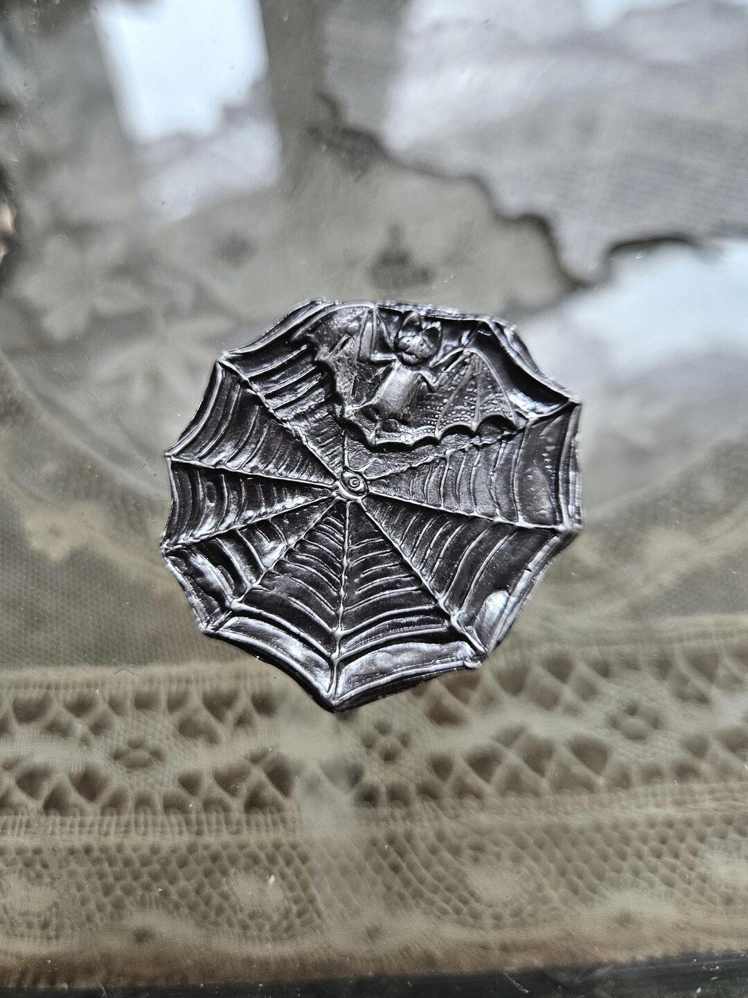 One - Reclaimed Fine Silver Medallion - Bat in a Web - Cabochon- Bead ...
