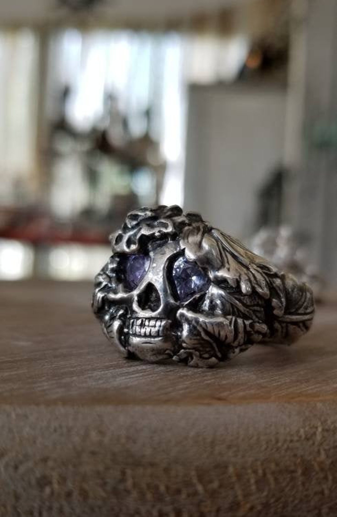 Fine Silver Skull and Roses Ring - Etsy
