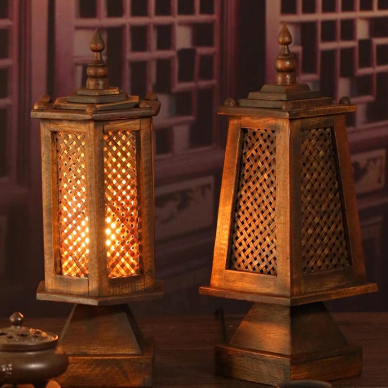 Asian Wooden Desk Lamp, Retro Atmosphere Light, Bedroom Decoration ...