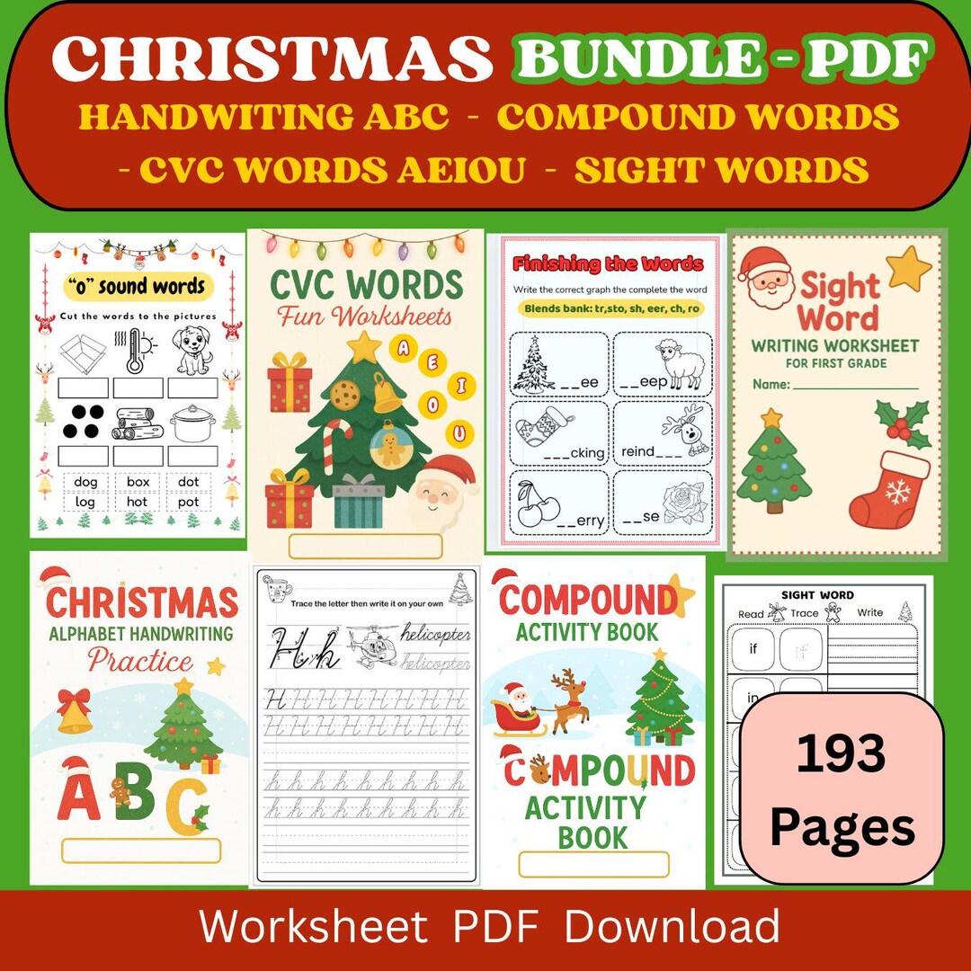 Christmas Worksheets Bundle | CVC Words ,ABC Handwriting, Compound Word ...