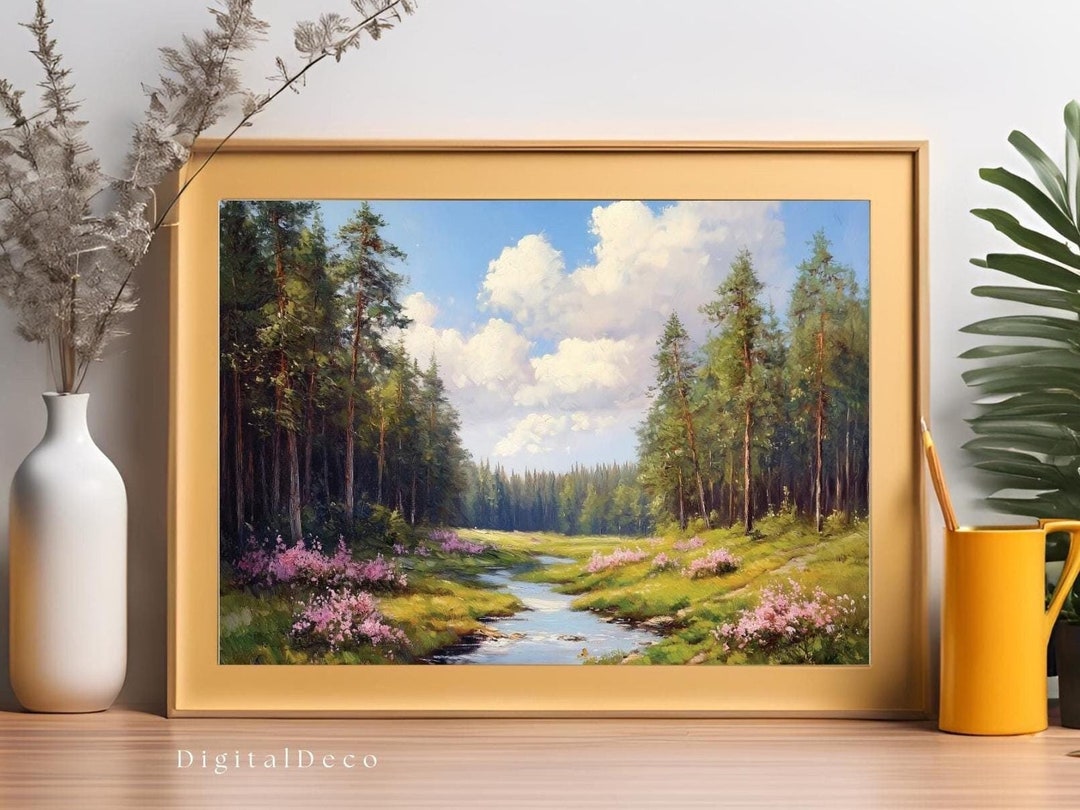 Wildflower Field Brook Landscape Painting Art Print |countryside Pink ...
