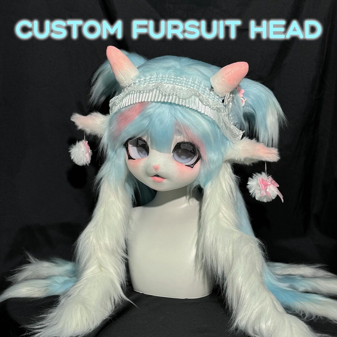 Blue- Hair Lamb With Pink Horns Fursuit Head Personalized Fursuit Head ...