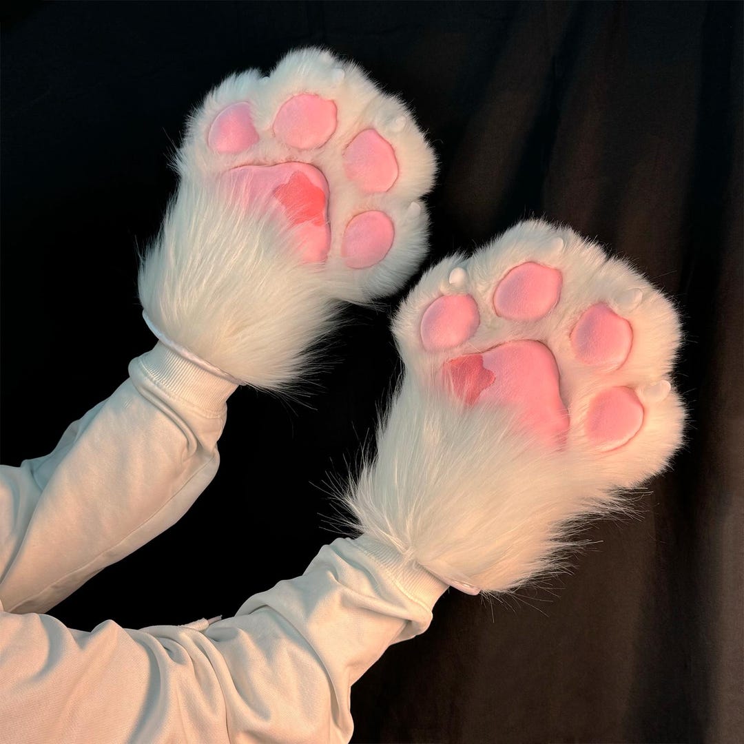 White Fursuit Paws Cosplay Costume Gloves Pink Star Paws Furry Kigurumi ...