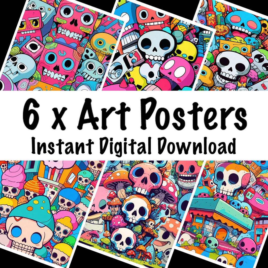 Skull Cartoon Art Prints: Colorful Whimsical Decor (digital Download ...