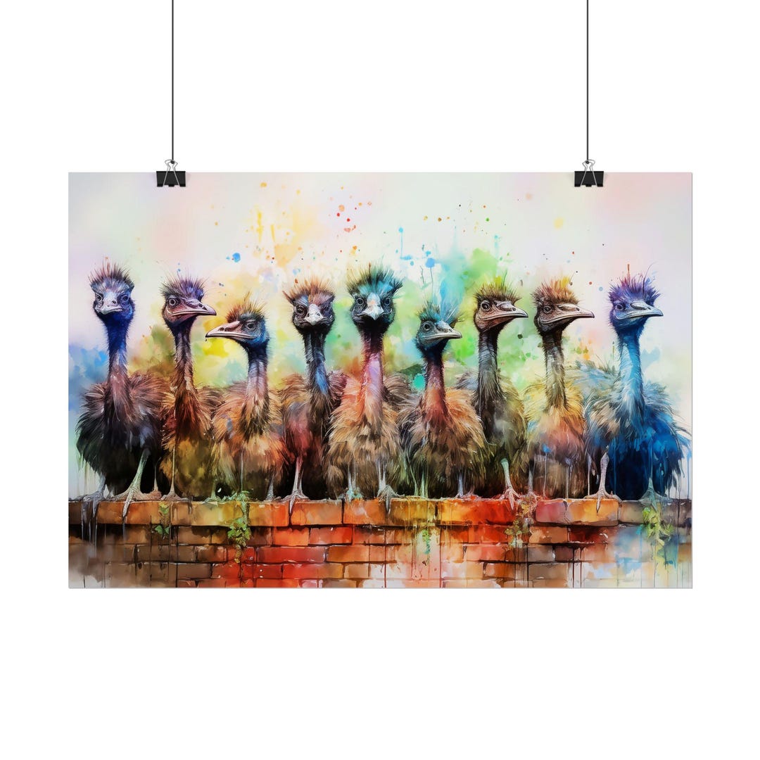 Emu's on a Wall in a Row Rolled Posters Water Colour Splash Splat Wall ...