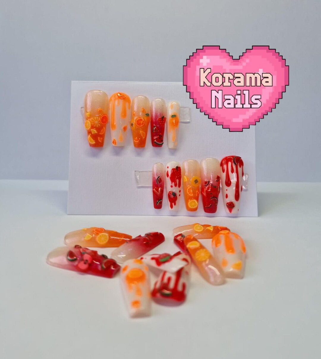 Fruity Red & Orange / Full Set / Korama Nails / Press on Nails - Etsy