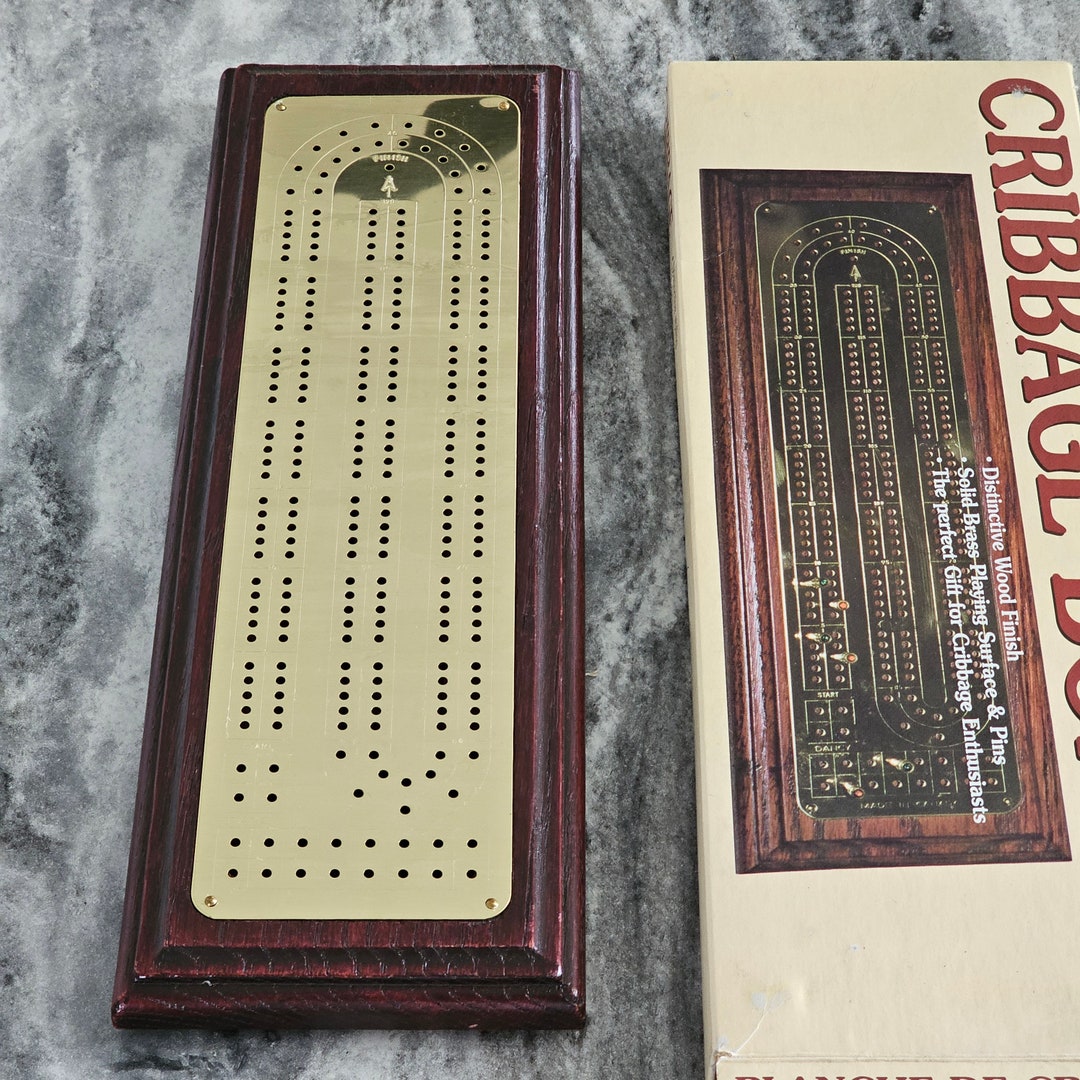 Vintage Cribbage Board Game Brass Inlay & Brass Pins Wood Finish 15x5in W/box Orion Game Company ...
