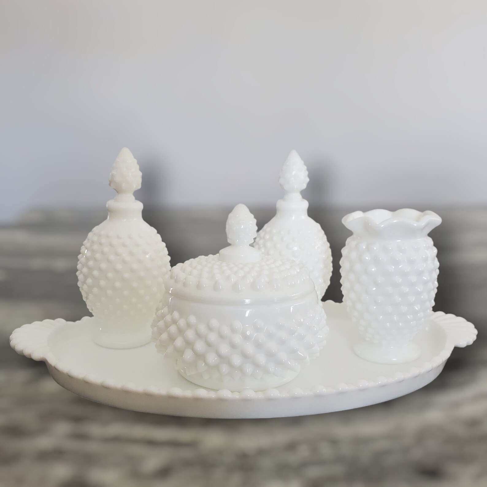 Fenton Hobnail Milk Glass Vanity Set W/ Oval Tray 8 Piece - Etsy