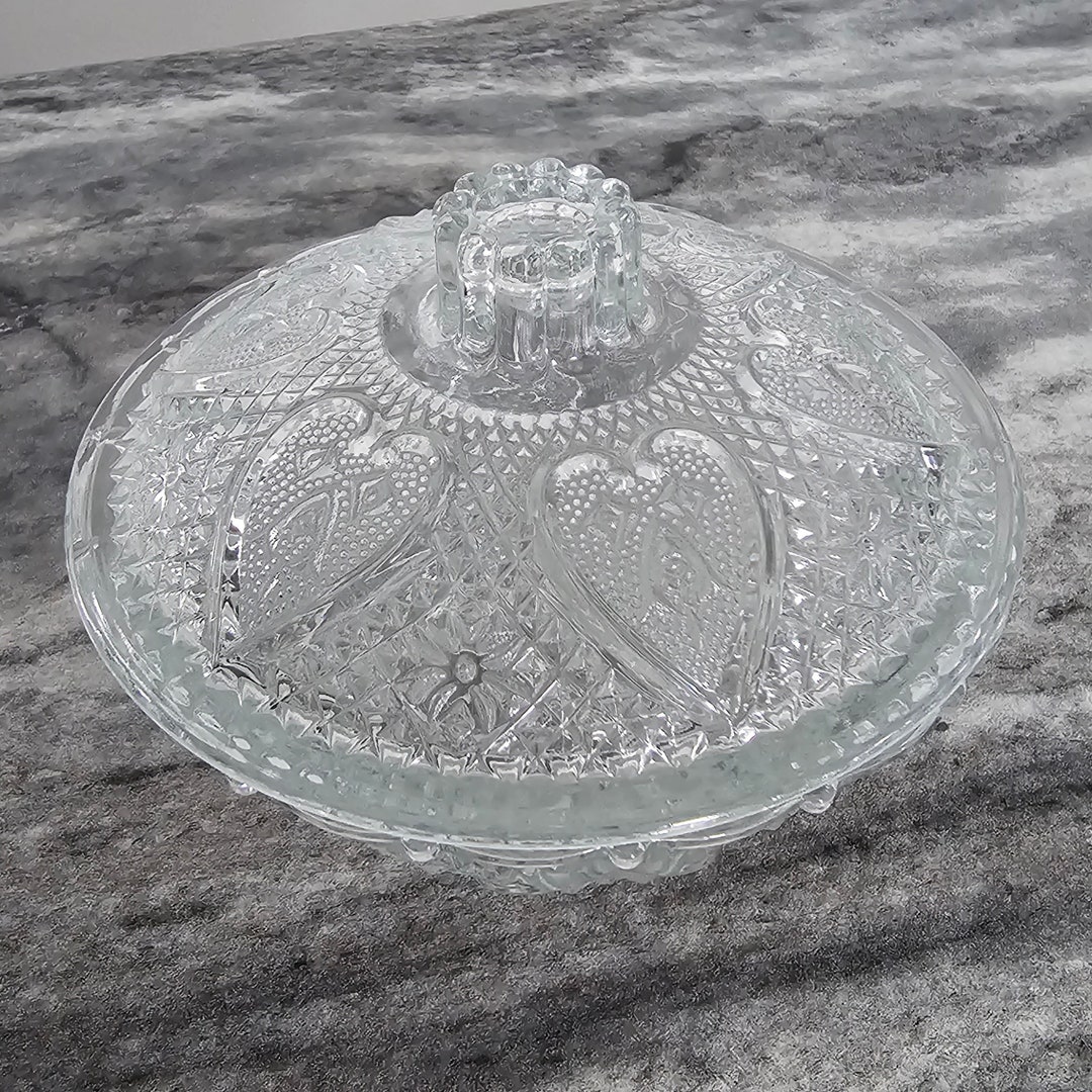 Vintage Pasari Candy Dish With Lid Indonesia Pressed Glass Hearts Pattern Candy Dish 5 Diameter