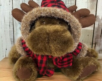 2002 Wishpets Rob Moose Plush Toy in Hooded Red Plaid Button Jacket 83004 Etsy