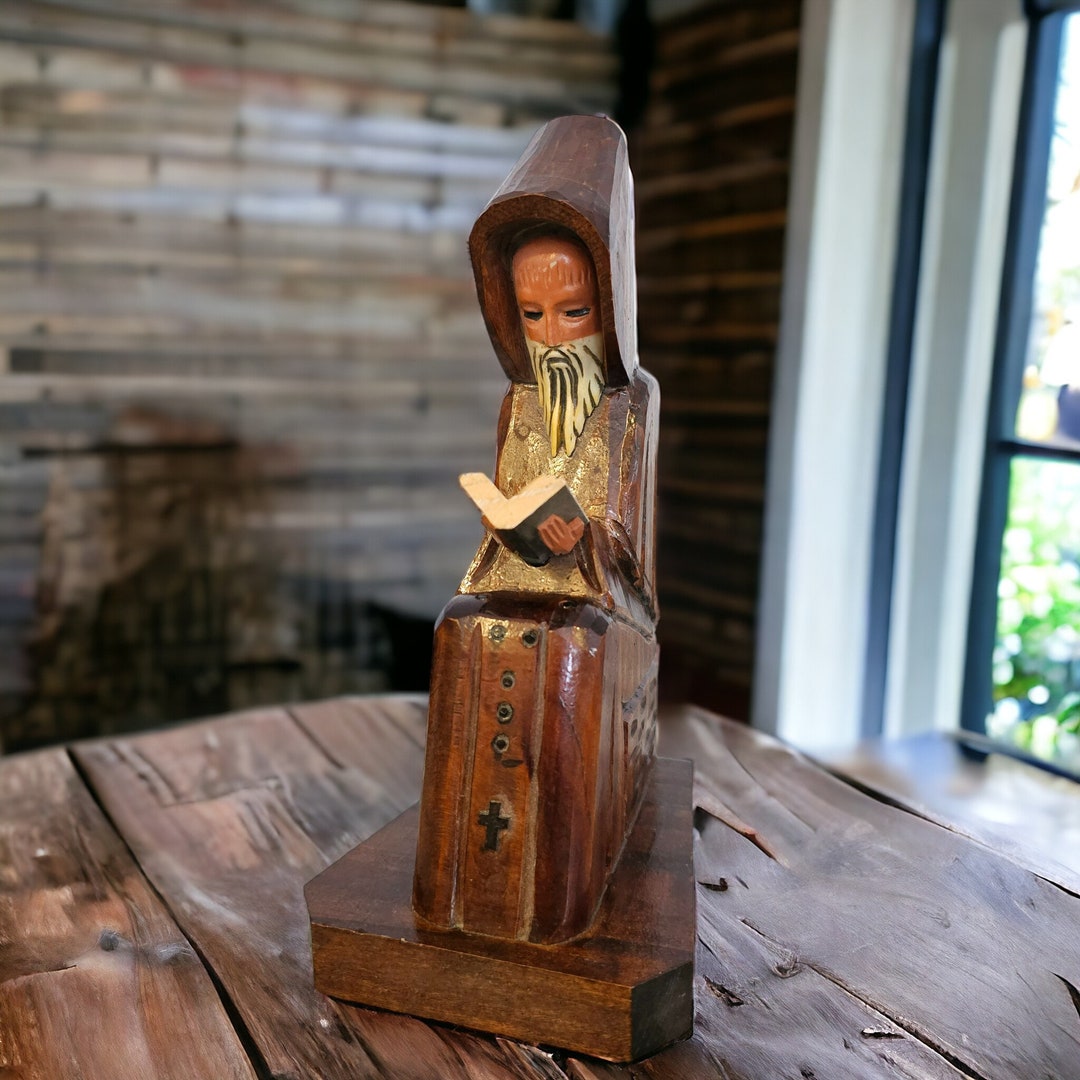 Vintage Folk Art Carved Wood Sitting Friar Monk Reading Bible 7 - Etsy