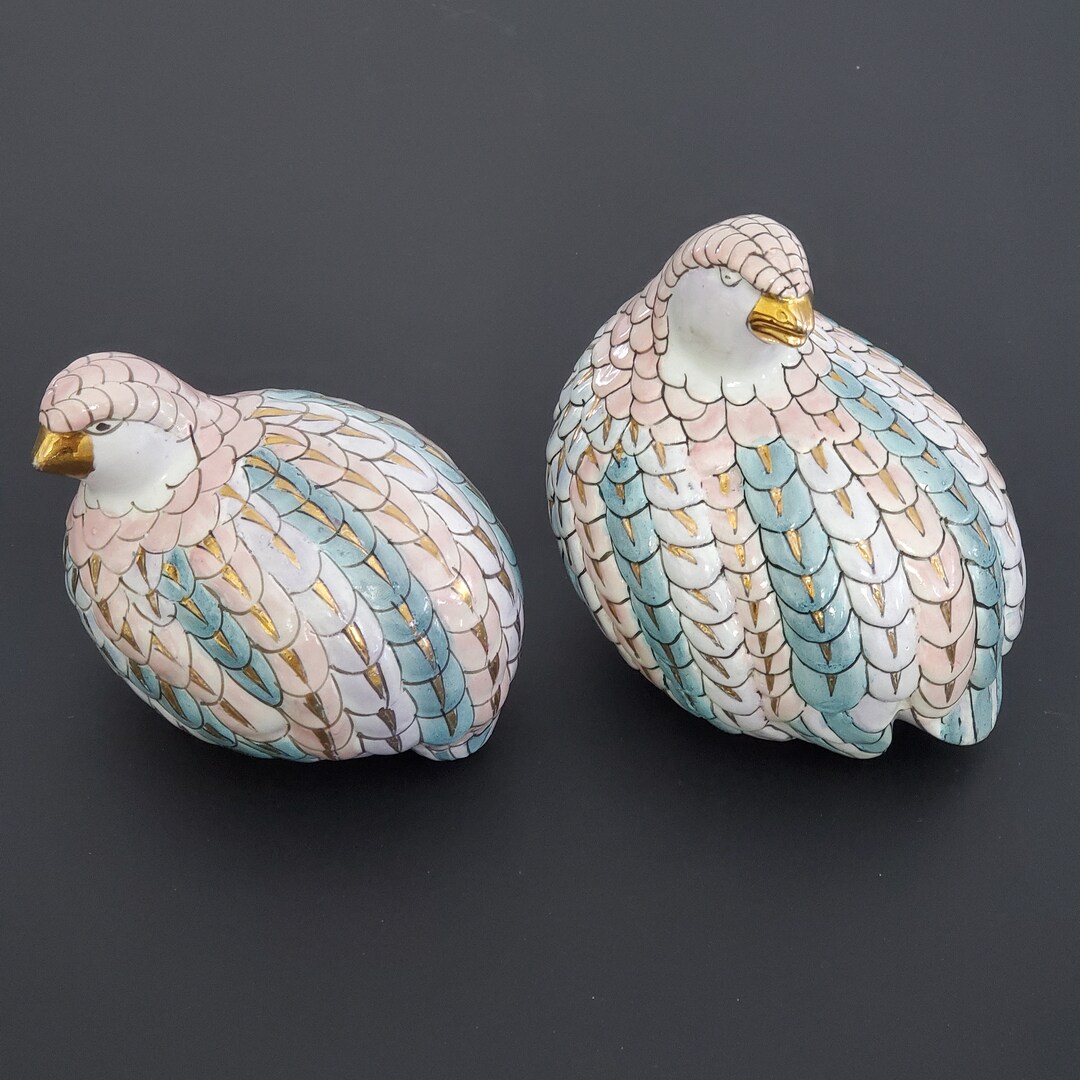 Vintage Pair of Ceramic Birds Partridge Quail Gold Gilded Pink & Blue ...