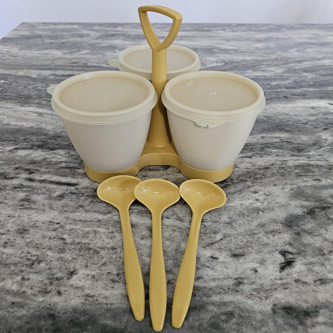 Tupperware Condimate Set Condiment Caddy W/clear Lids & Spoons Almond ...