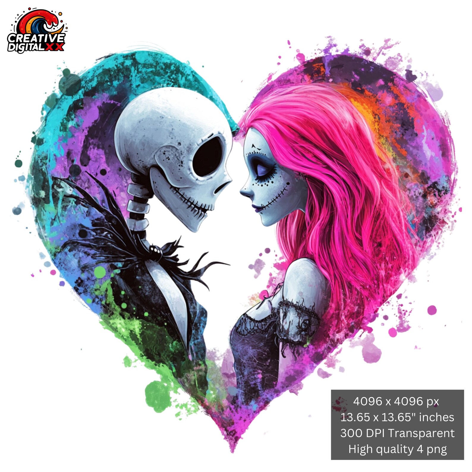 4-PNG Heart Jack and Sally Png, Splash Vibrant Water Colour PNG File ...