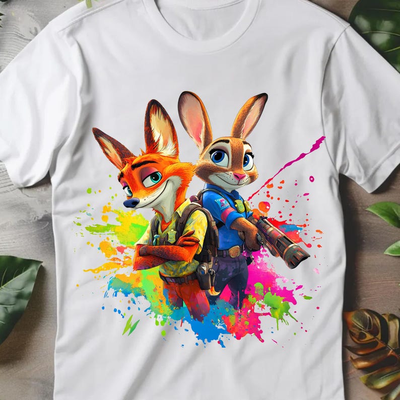 Zootopia-inspired Fox and Bunny Vibrant Splash Art T-shirt Design ...