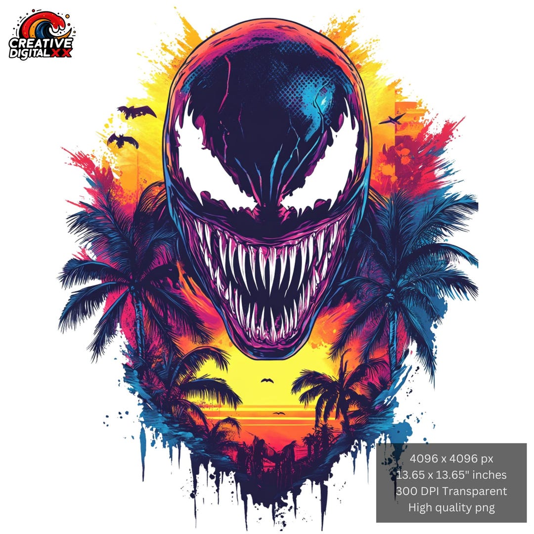 Edgy Venom-inspired Tropical Sunset T-shirt Design - Bold Beach Vibes ...