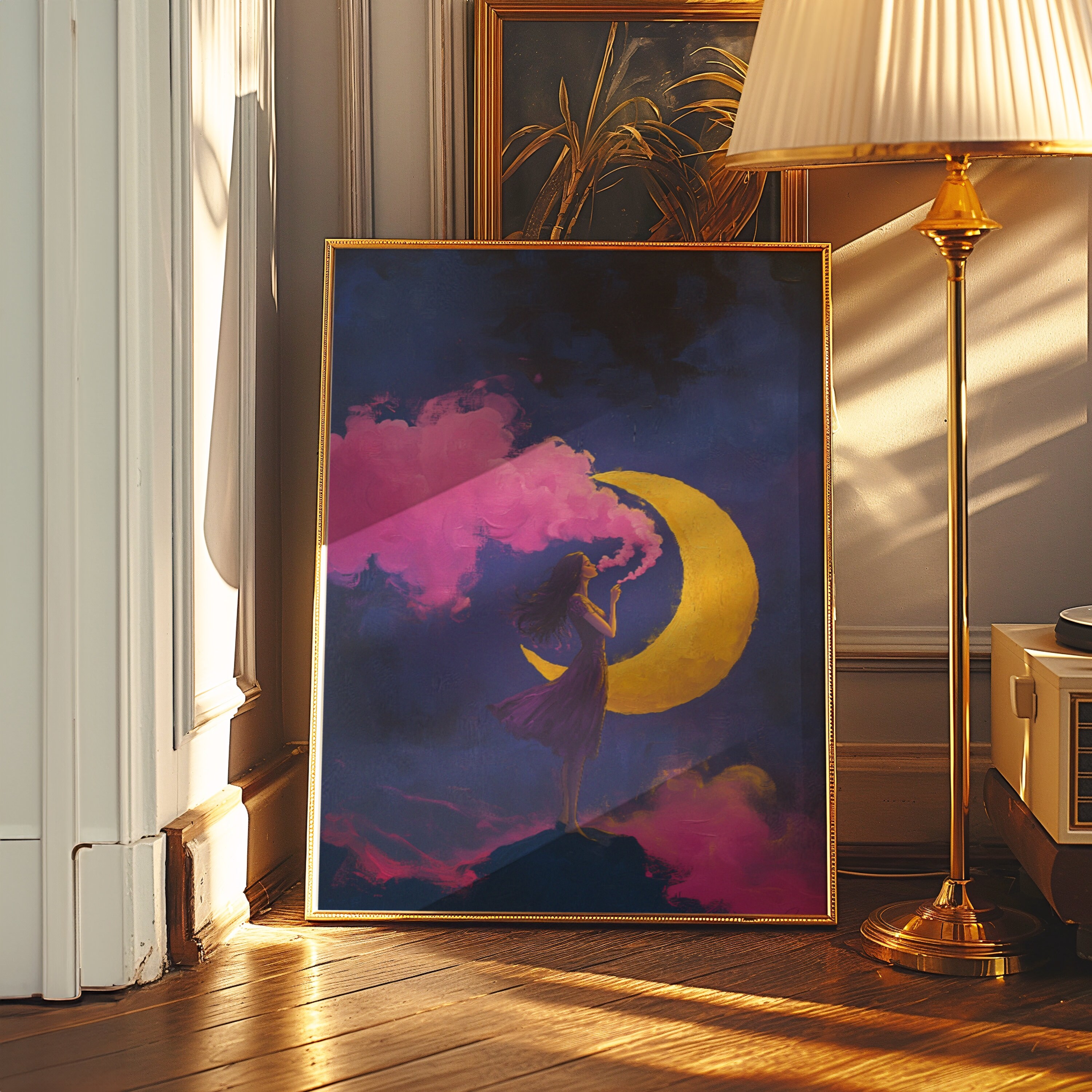 Surreal Pink Clouds and Crescent Moon Wall Art Print Dreamlike 1960s ...