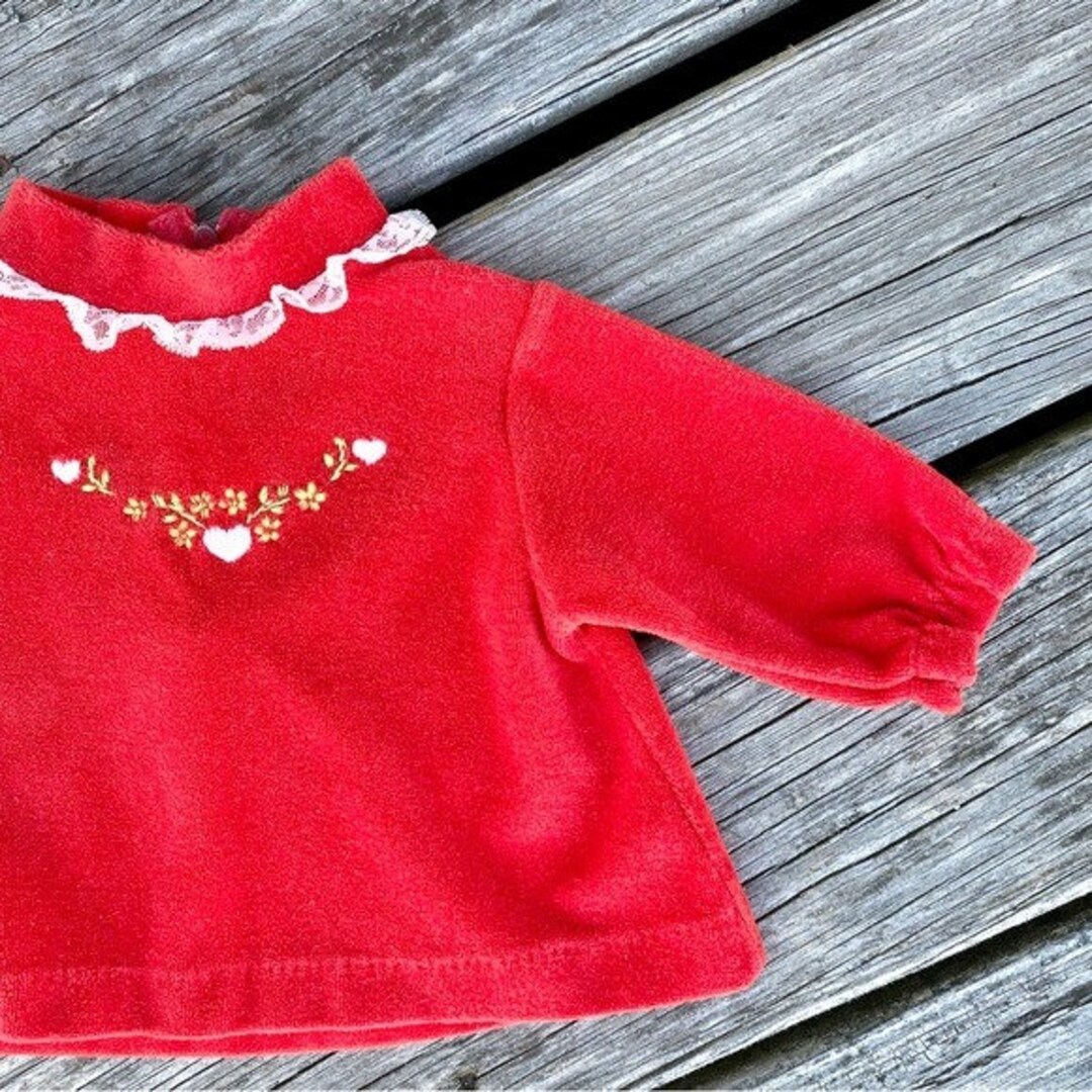 Vintage Baby Girl Seventies 70s Red Long Sleeved Embroidered Terry ...