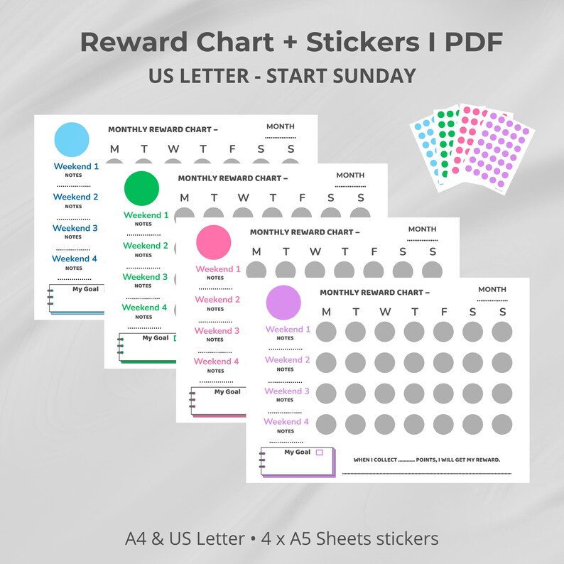 Kids Chore Chart Printable | Reward Stickers, Goal Tracker (PDF) - Etsy