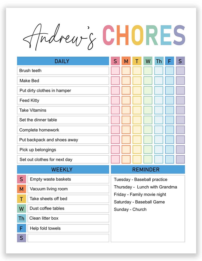 Chore Chart - Weekly Chore Chart - Kids Chore Chart - Responsibility ...