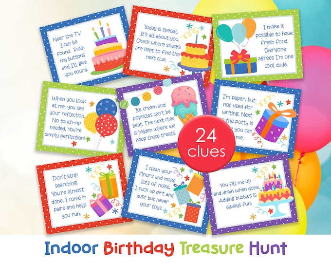 BIRTHDAY TREASURE HUNT Clues | Birthday Gift Scavenger Hunt | Birthday ...