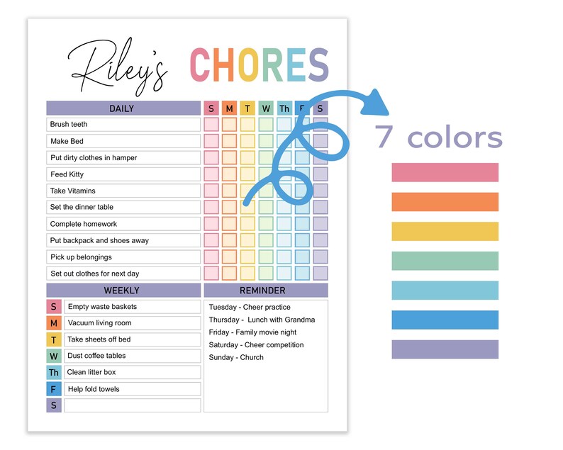 Chore Chart - Weekly Chore Chart - Kids Chore Chart - Responsibility ...