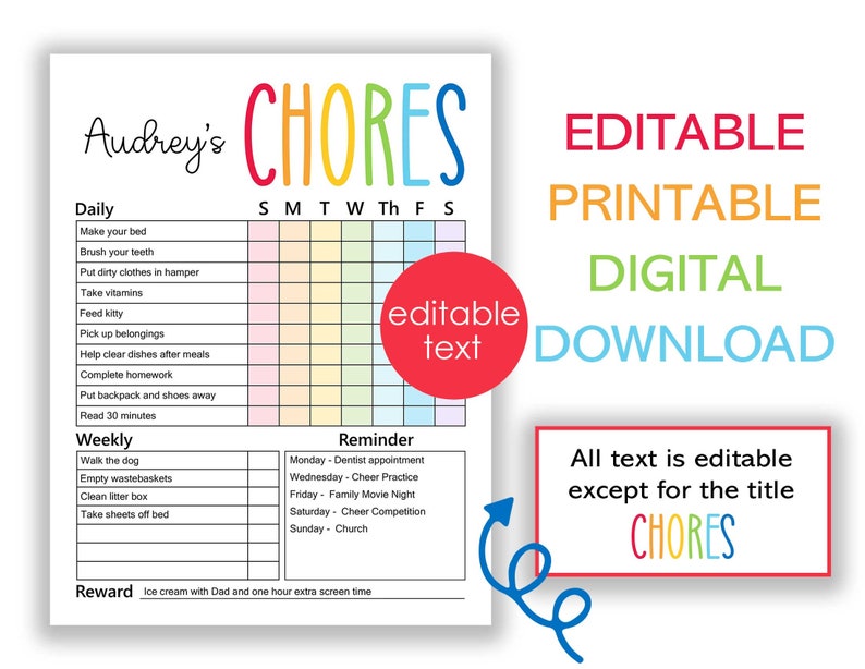 Chore Chart - Weekly Chore Chart - Kids Chore Chart - Responsibility ...