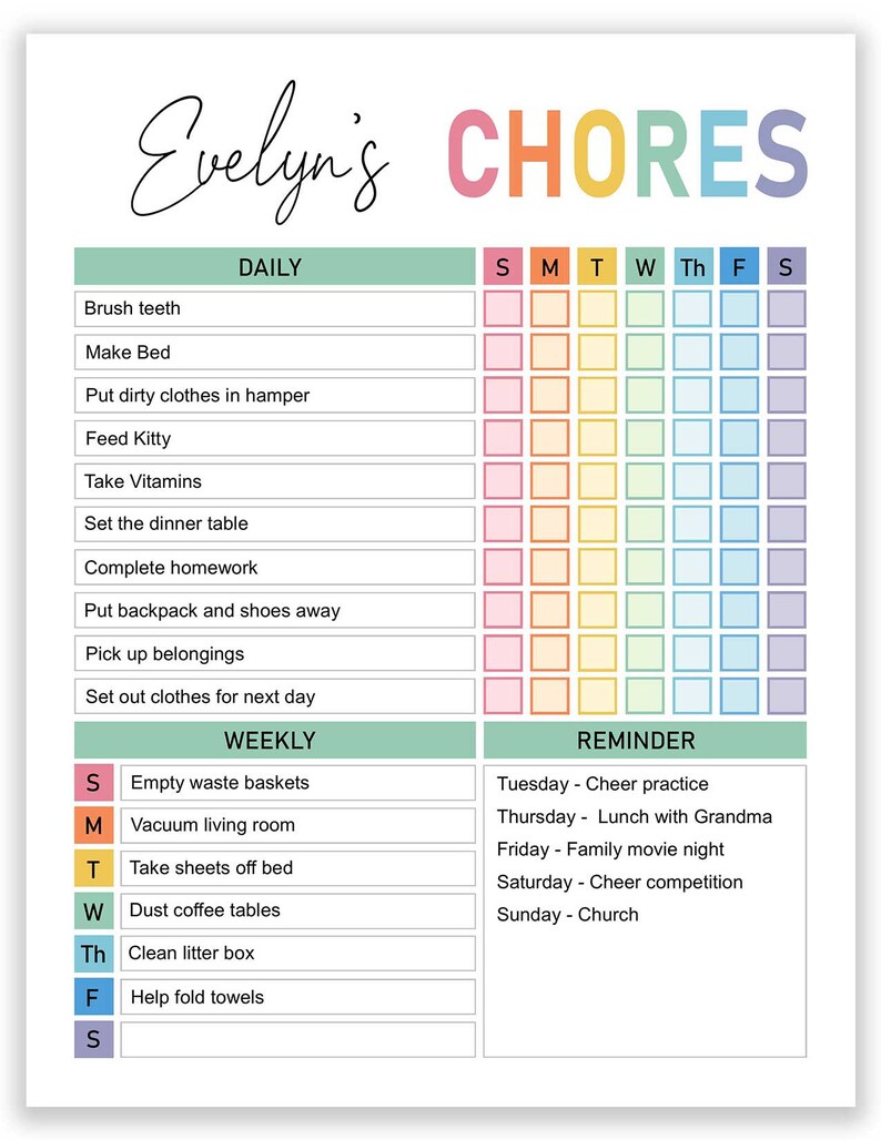 Chore Chart - Weekly Chore Chart - Kids Chore Chart - Responsibility ...
