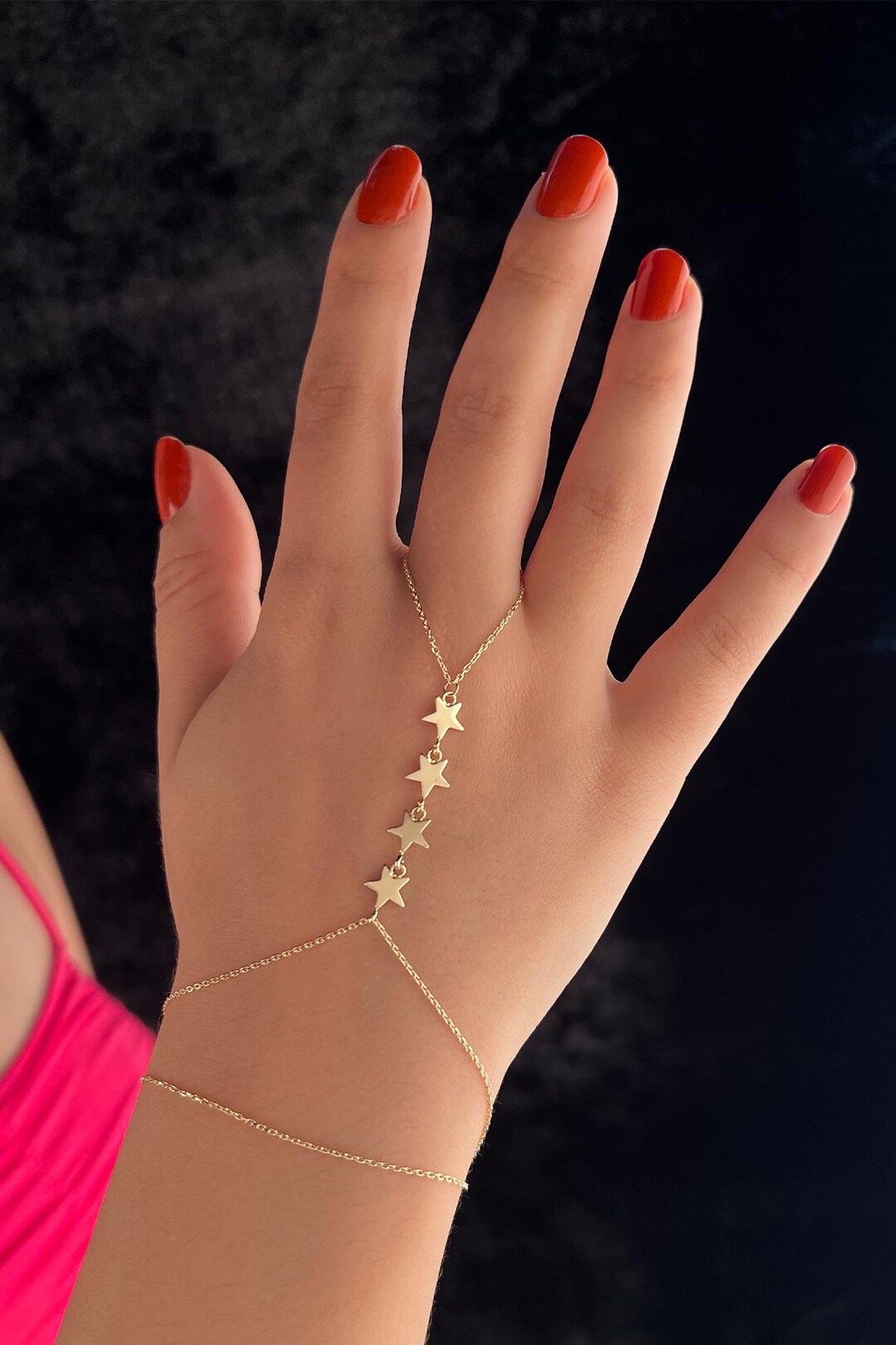 14K Solid Gold Stars Hand Chain Bracelet for Women - Etsy