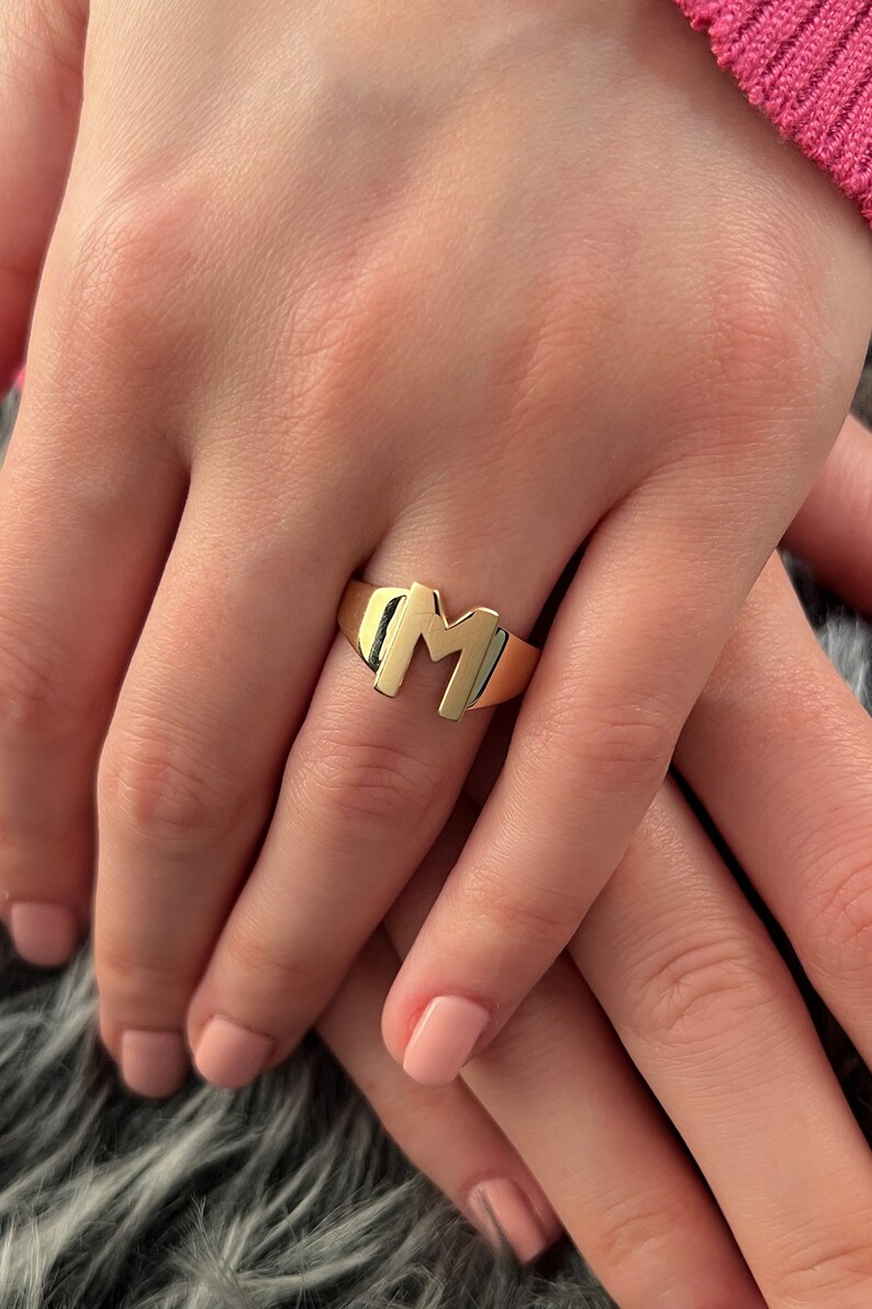 M Letter Ring, 14K GOLD Initial Ring, Custom Monogram Ring, Woman Handmade Alphabet Ring, Signet ...