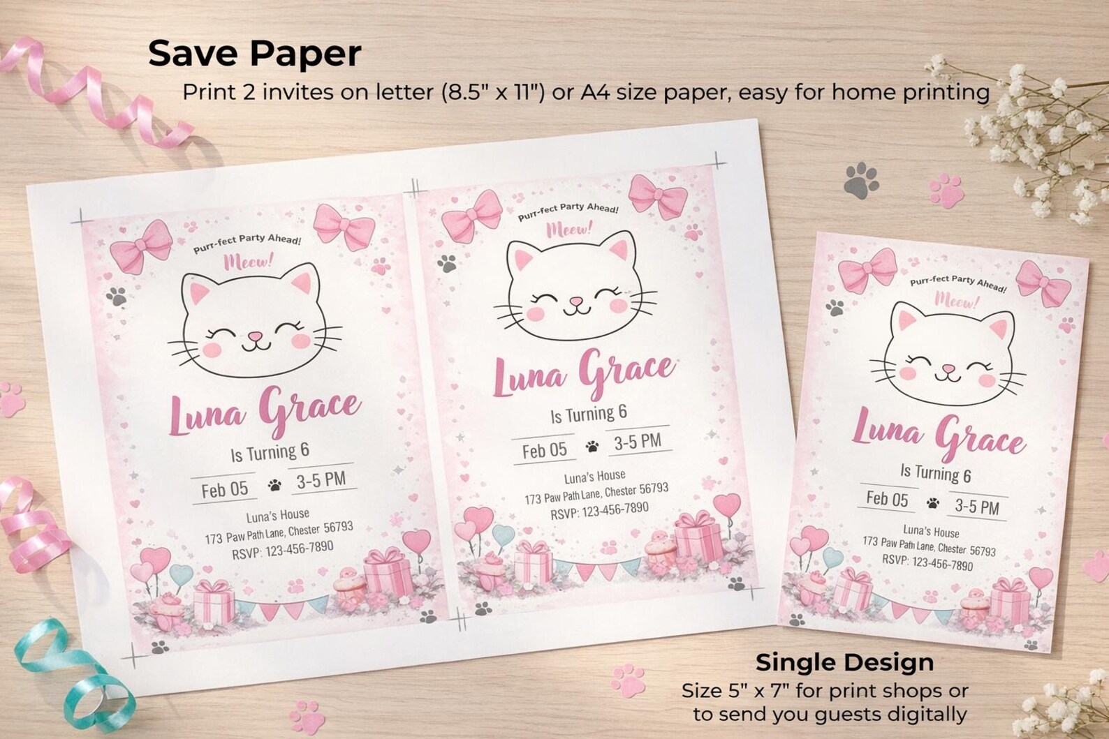Editable Kitten Birthday Invitation Canva Template | Cute Pink Cat ...