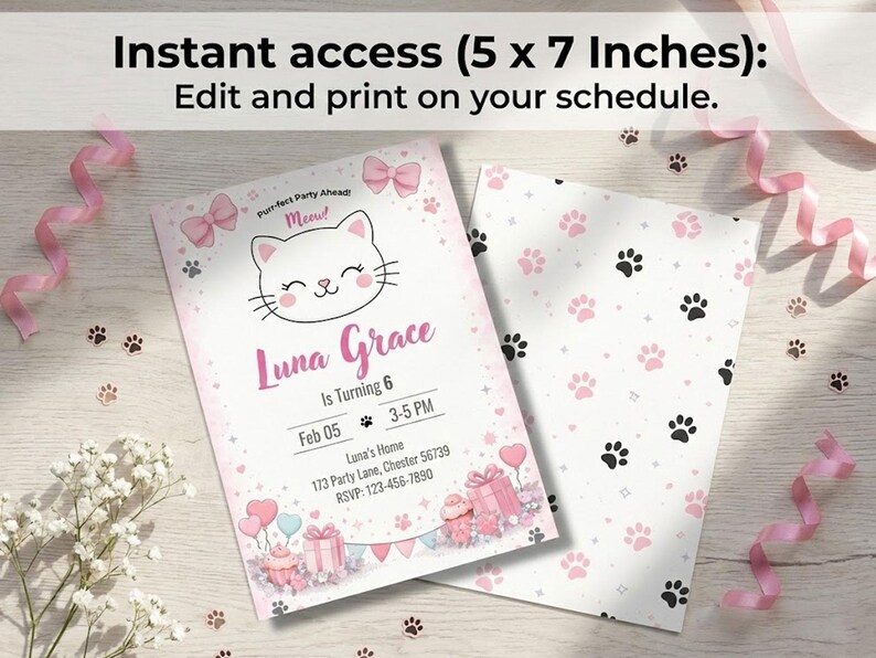 Editable Kitten Birthday Invitation Canva Template | Cute Pink Cat ...