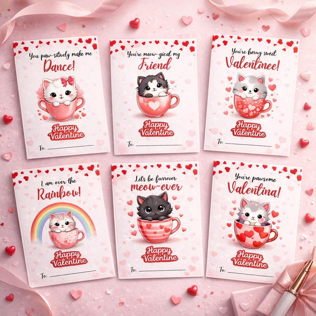 Classroom Valentine Exchange Cards Printable | 6 Cat Valentine Cards ...