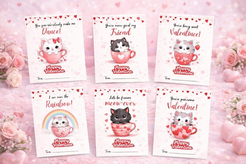 Classroom Valentine Exchange Cards Printable | 6 Cat Valentine Cards ...