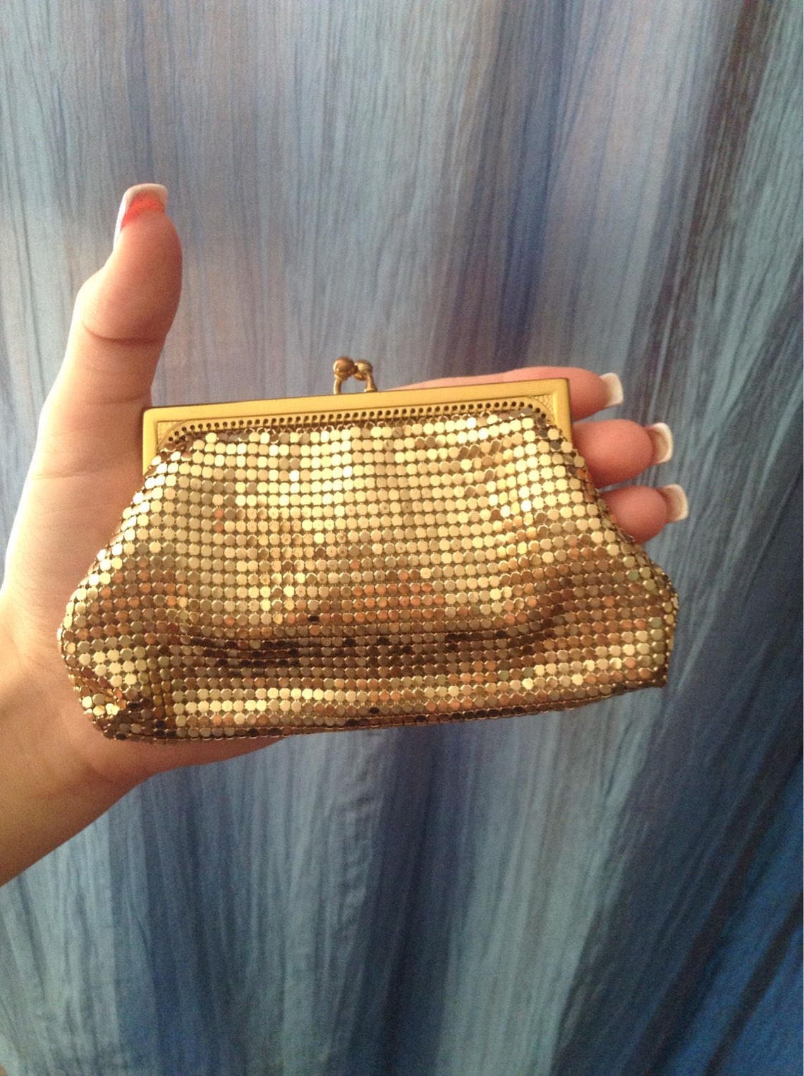 Antique Whiting and Davis Gold Mesh Clasp Bag Wih Internal Key Chain 4x ...