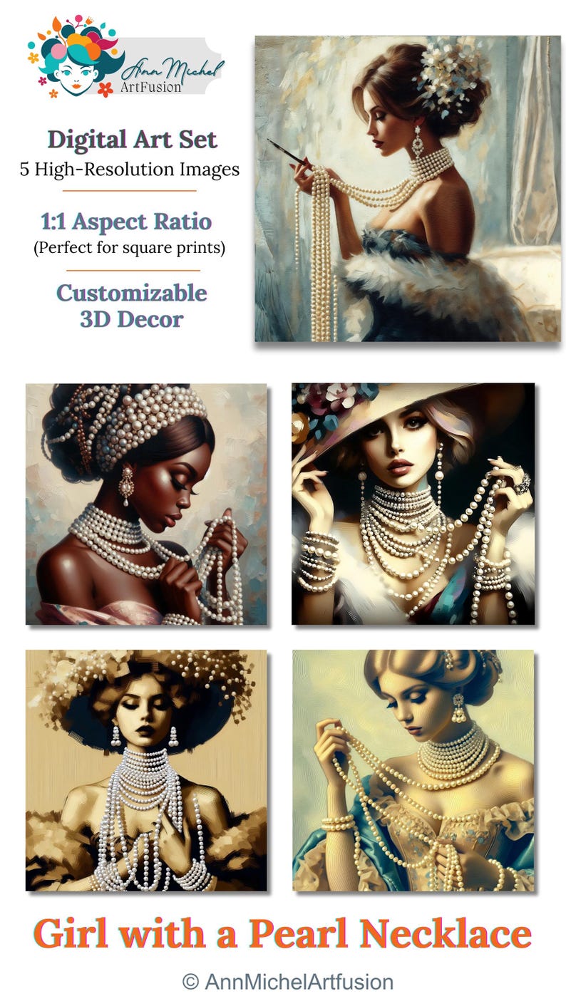Colorful ‘girl With a Pearl Necklace’ Digital Art Set - 5 High ...