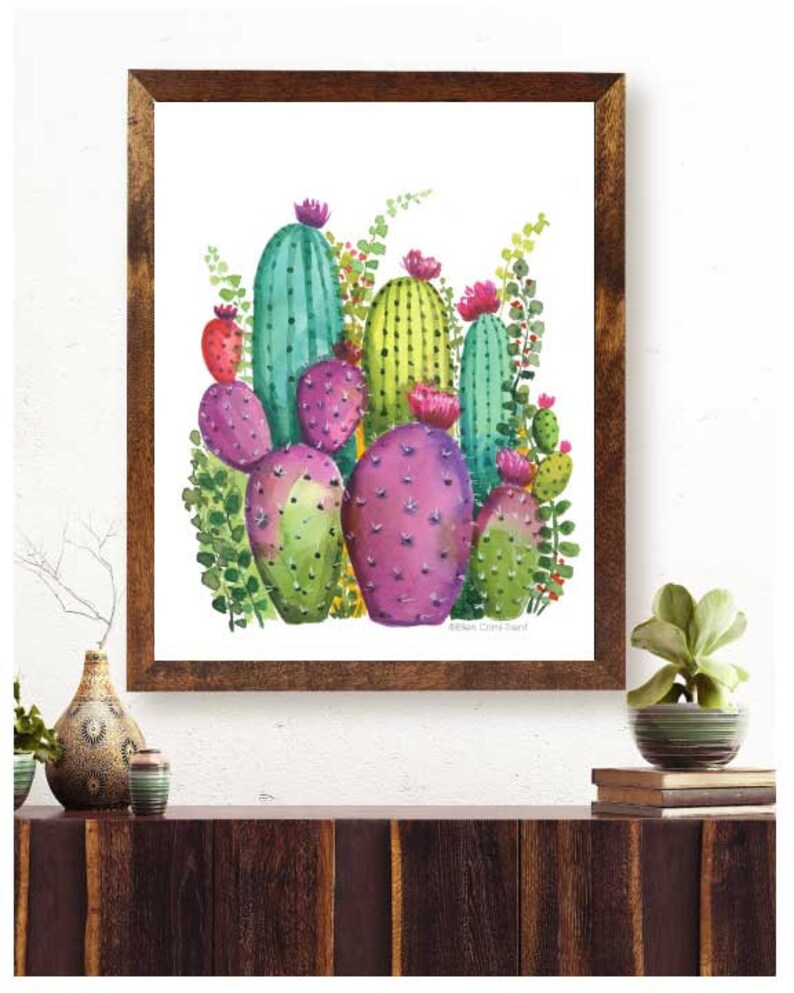 Colorful Cactus Garden Art/ Cactus Wall Decor/ Watercolor Cactus ...