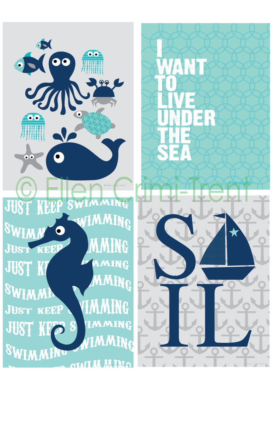 Kids Wall Art- Nautical Turquoise Print Set - Etsy