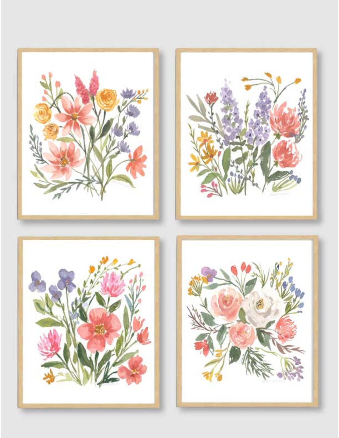 Watercolor Floral Prints/ Wildflower Wall Art/ Set of 4 Prints ...