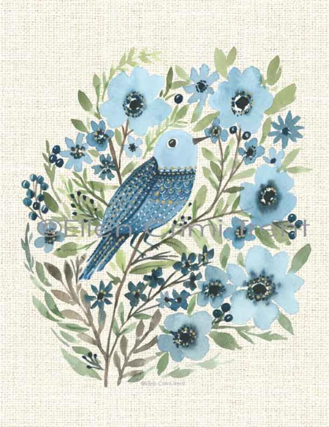 Watercolor Blue Bird and Flowers/ Watercolor Wall Art/ Blue Floral ...