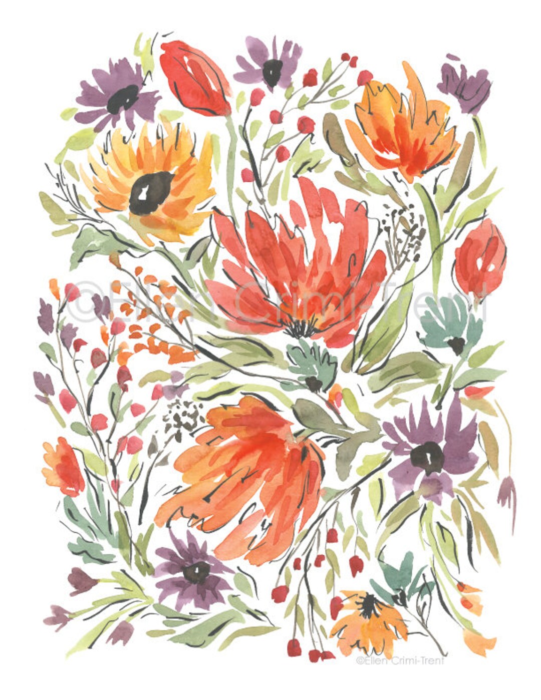 Watercolor Floral/ Fall Floral Decor/watercolor Wall Art/ Orange Flower ...