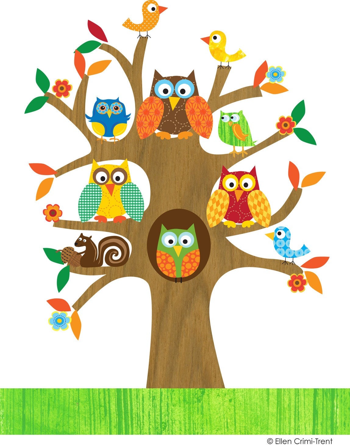 Kids Wall Art-owls and Birds in a Tree Illustration - Etsy