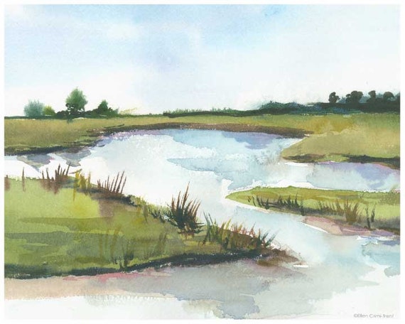 Watercolor Coastal Marsh Painting Print/ Coastal Wall Decor/ - Etsy