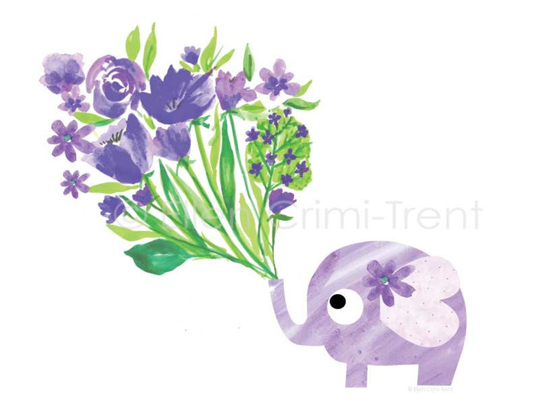 Purple Elephant and Watercolor Flowers Nursery Decor- Kids Wall Art ...