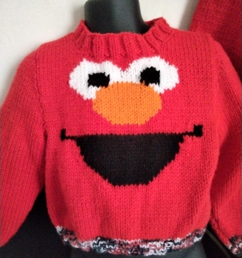 Hand Knitted Sesame Street Elmo Face Sweater and Hat Set. Size 2T or 4T ...