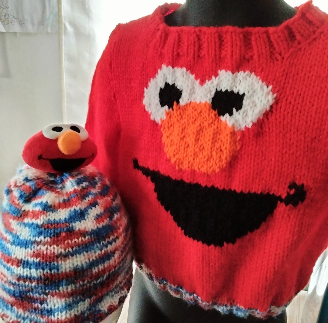 Hand Knitted Sesame Street Elmo Face Sweater and Hat Set. Size 2T Set ...