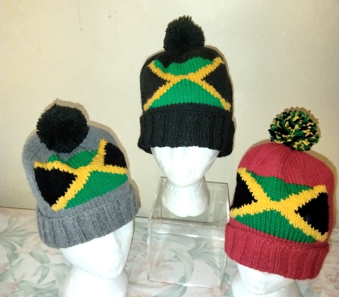 Hand Knitted Caribbean Island Flag Jamaica Flag Hat With Pompom, Fits ...
